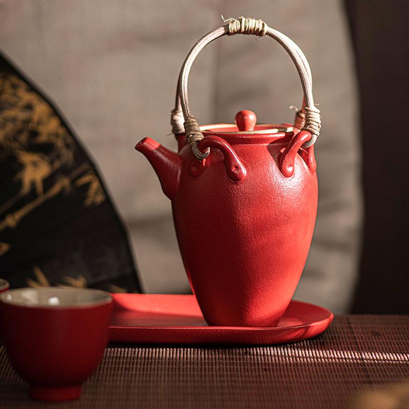 Handmade Ceramic Tea Set, Rattan Teapot Set, 1 Pot 2 Cups Tea Set With ...