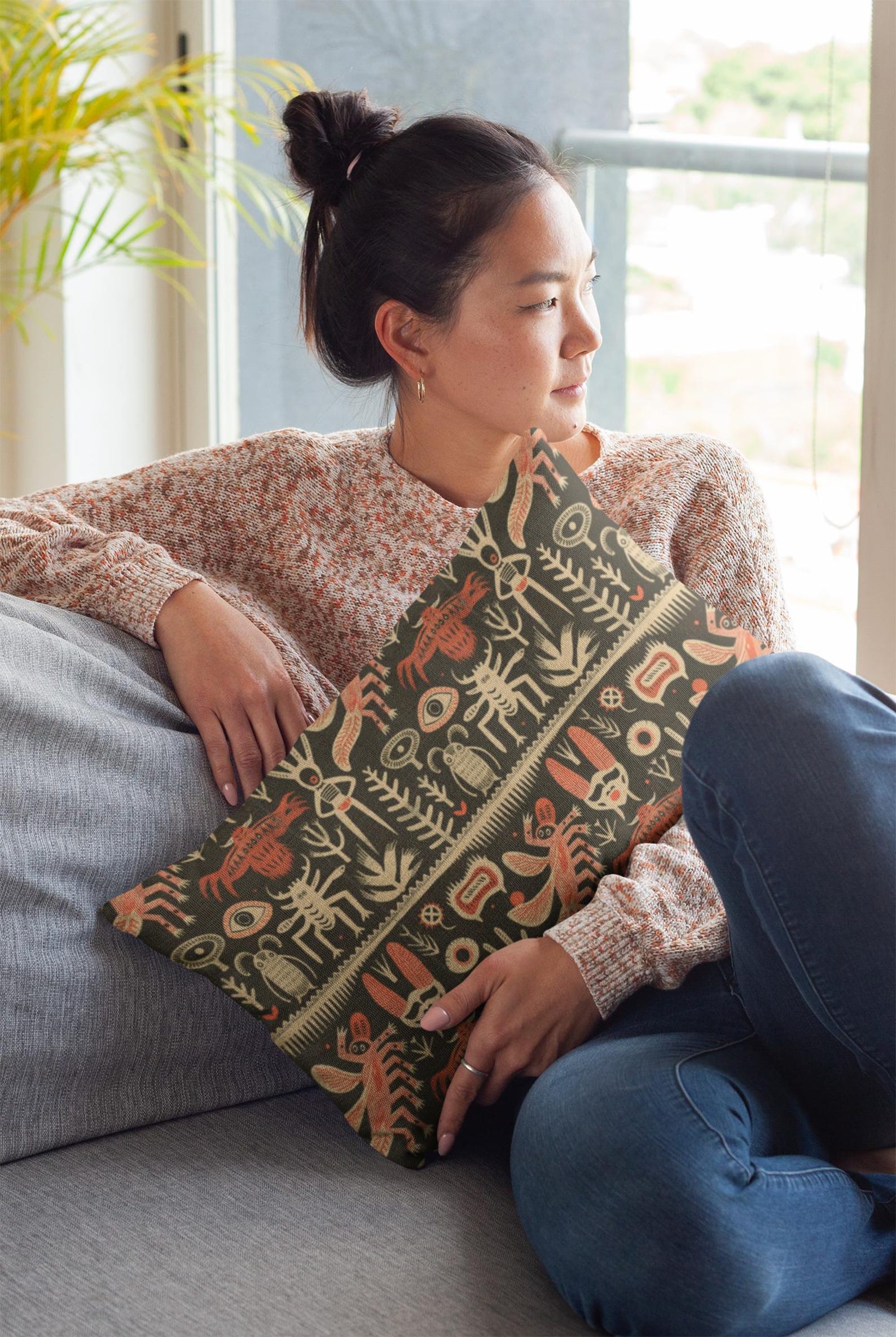Seamless Folk Art Mythic Pattern, Primitive Symbols and Creatures, Dark ...