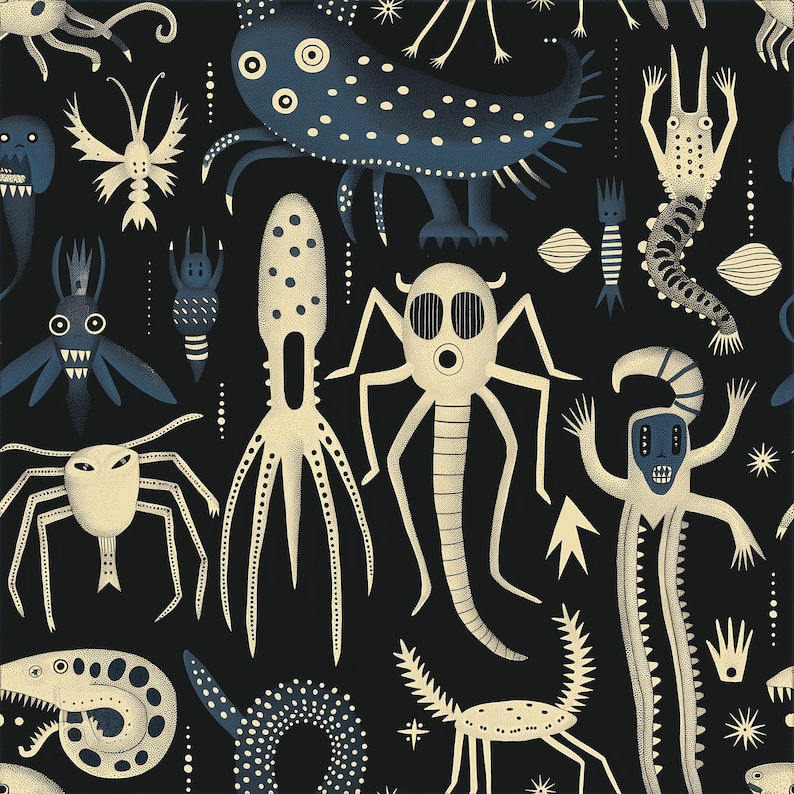 Blue Poco Abstract Cryptid Folk Art Seamless Pattern - Etsy