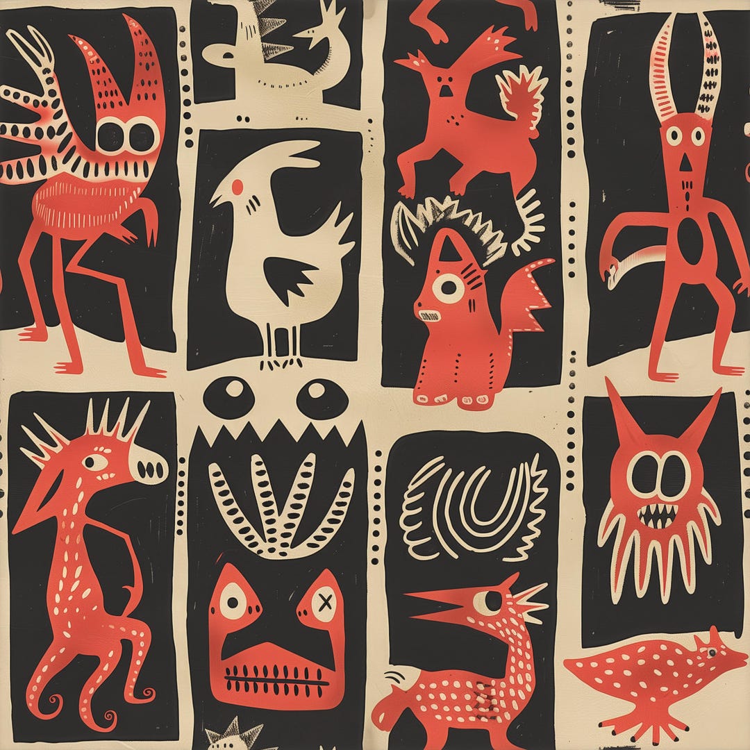 Seamless Folk Art Cryptid Pattern, Playful Primitive Creatures, Mid ...