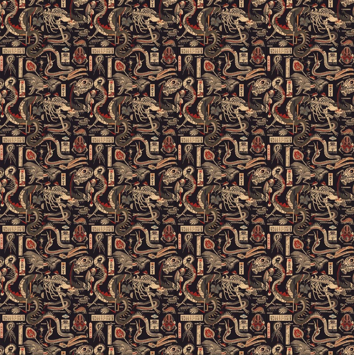 Japanese Cryptid Anatomy Seamless Pattern – Ukiyo-e Yokai Dissection ...
