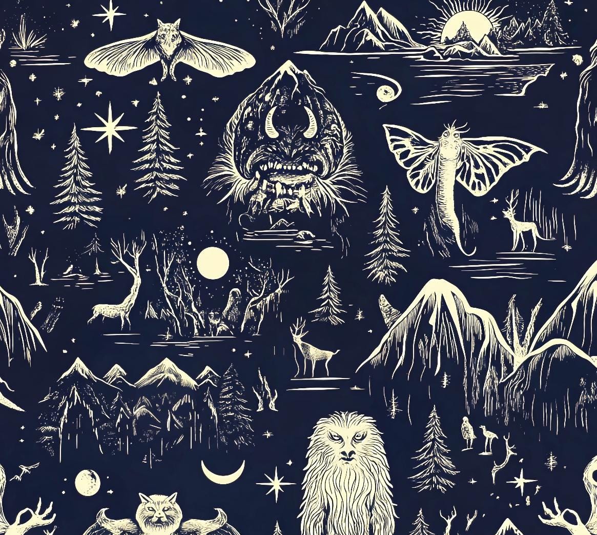 Cryptid Seamless Pattern With Mythical Creatures, Forest Design - Etsy