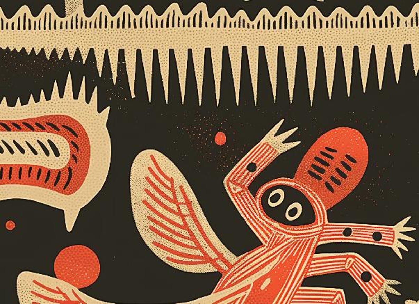 Seamless Folk Art Mythic Pattern, Primitive Symbols and Creatures, Dark ...