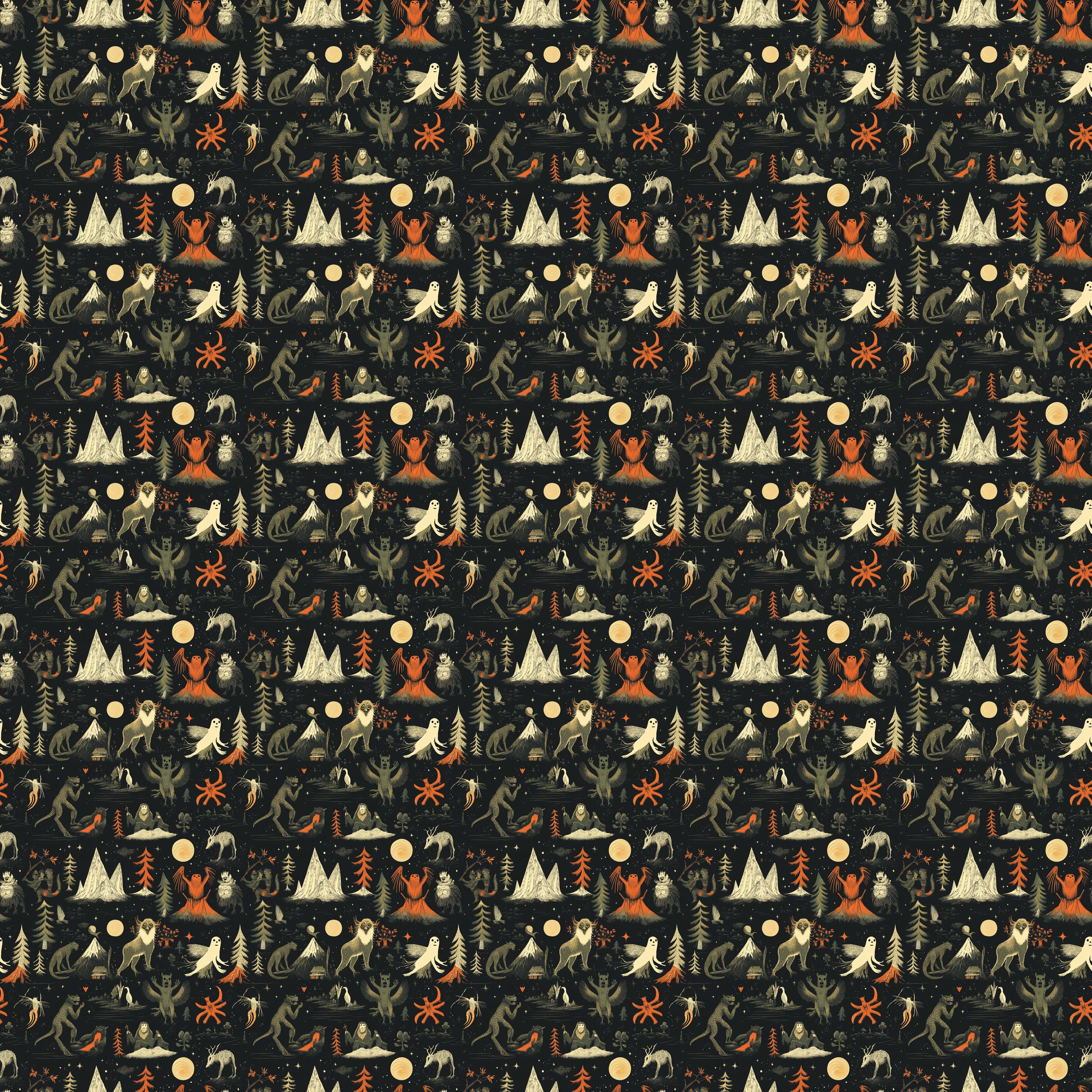 Nighttime Cryptid Legends Seamless Pattern – Mythical Monsters in a ...
