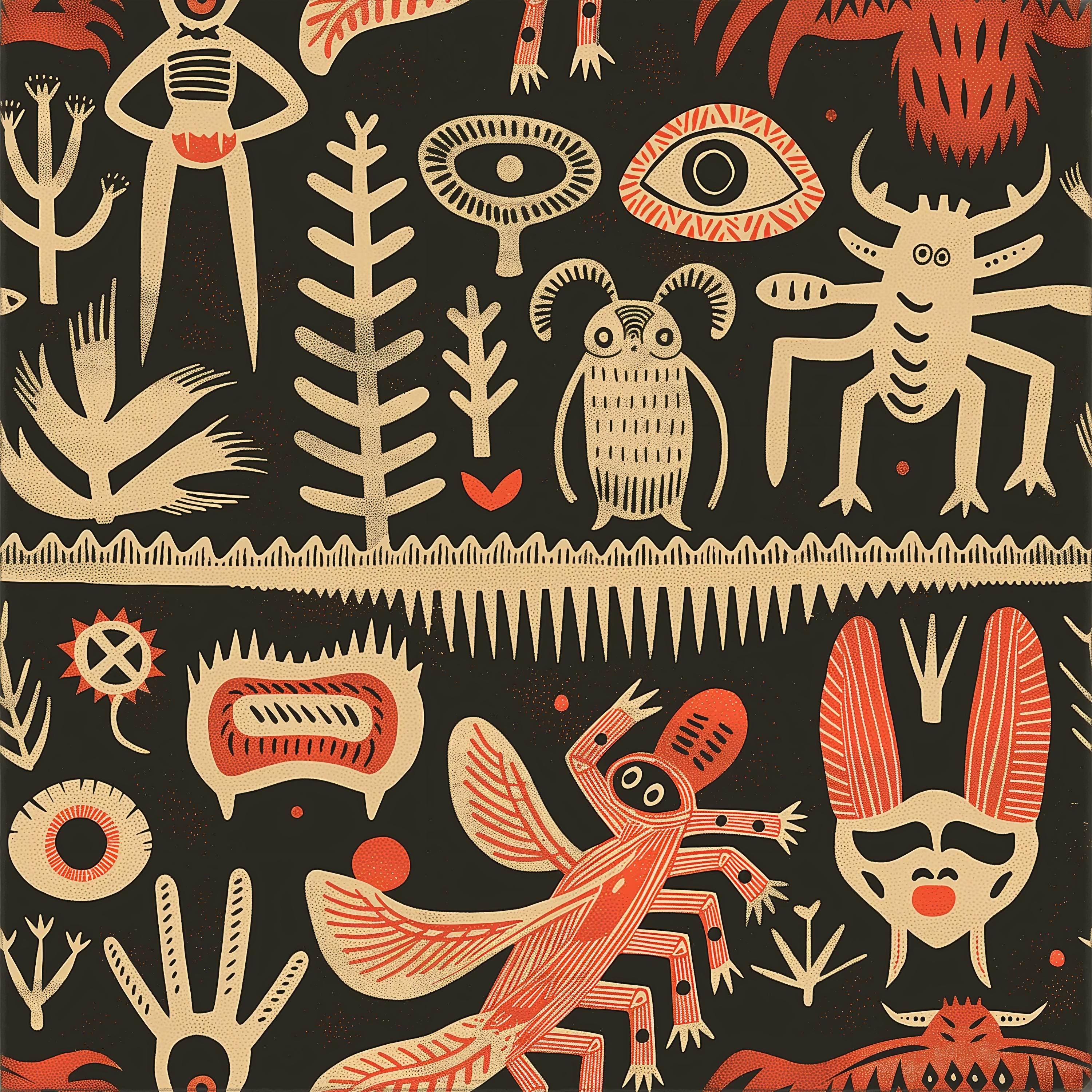 Seamless Folk Art Mythic Pattern, Primitive Symbols and Creatures, Dark ...