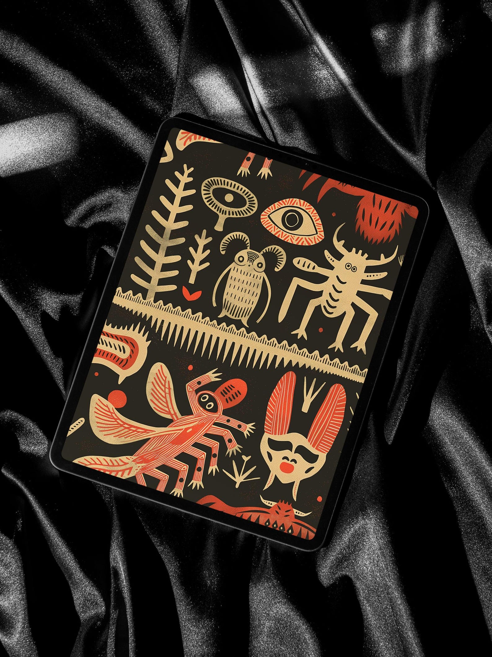 Seamless Folk Art Mythic Pattern, Primitive Symbols and Creatures, Dark ...
