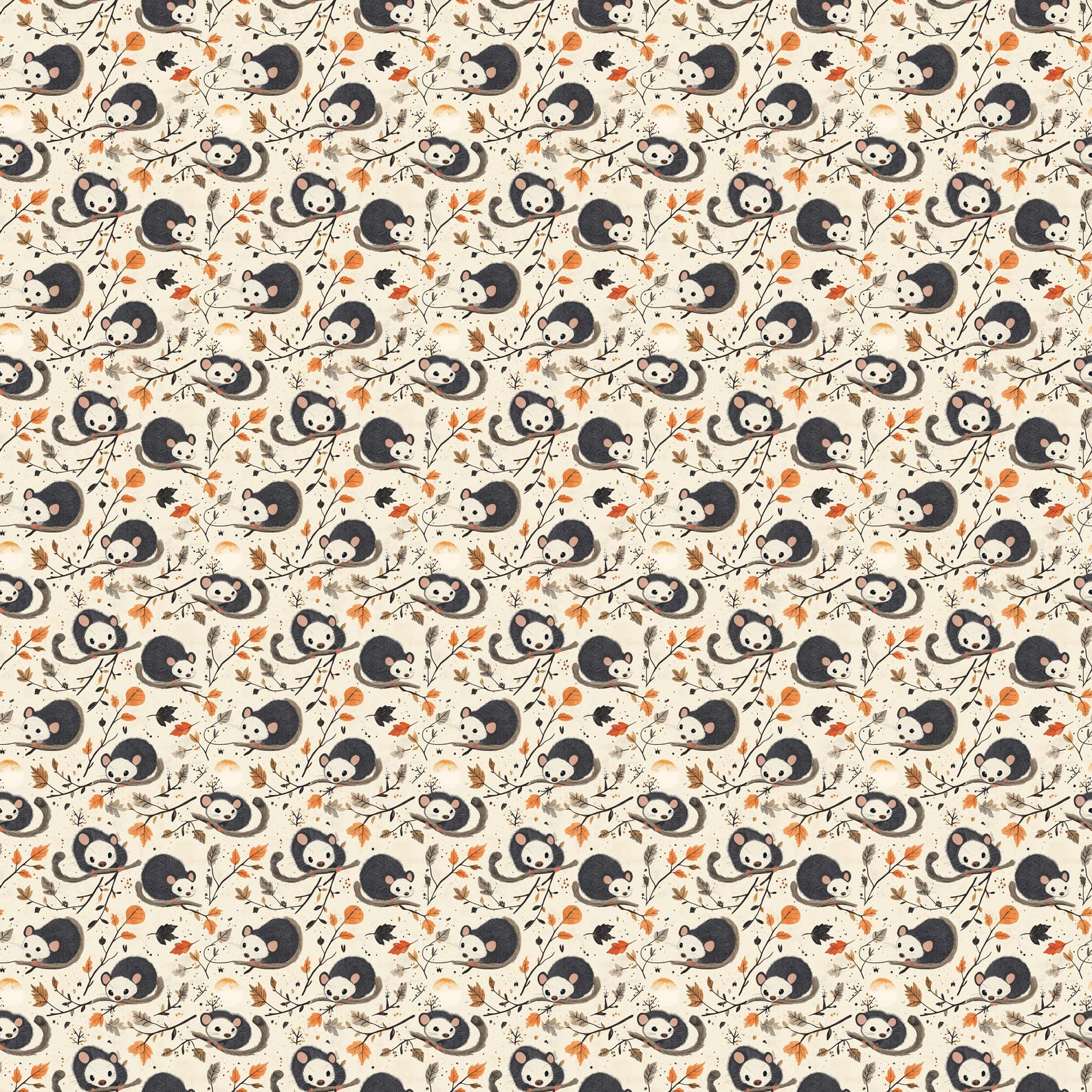 Autumn Woodland Opossum Seamless Pattern – Cozy Woodland Animal Fabric ...