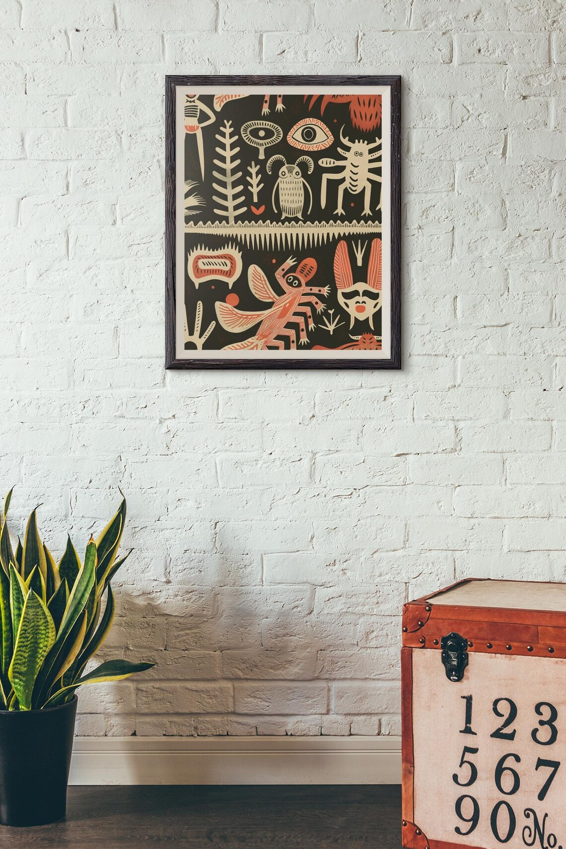 Seamless Folk Art Mythic Pattern, Primitive Symbols and Creatures, Dark ...
