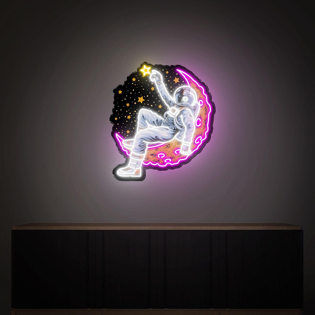 Astronaut Lying on Moon Neon Sign Neon Signs, Spaceman Neon Light, Moon ...