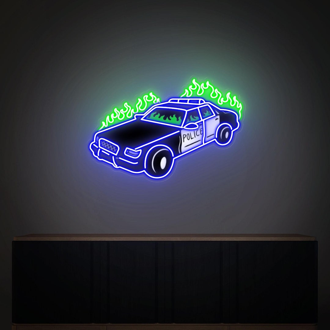 The Police Car on Fire Neon Sign, Police Car LED Neon Light, UV ...