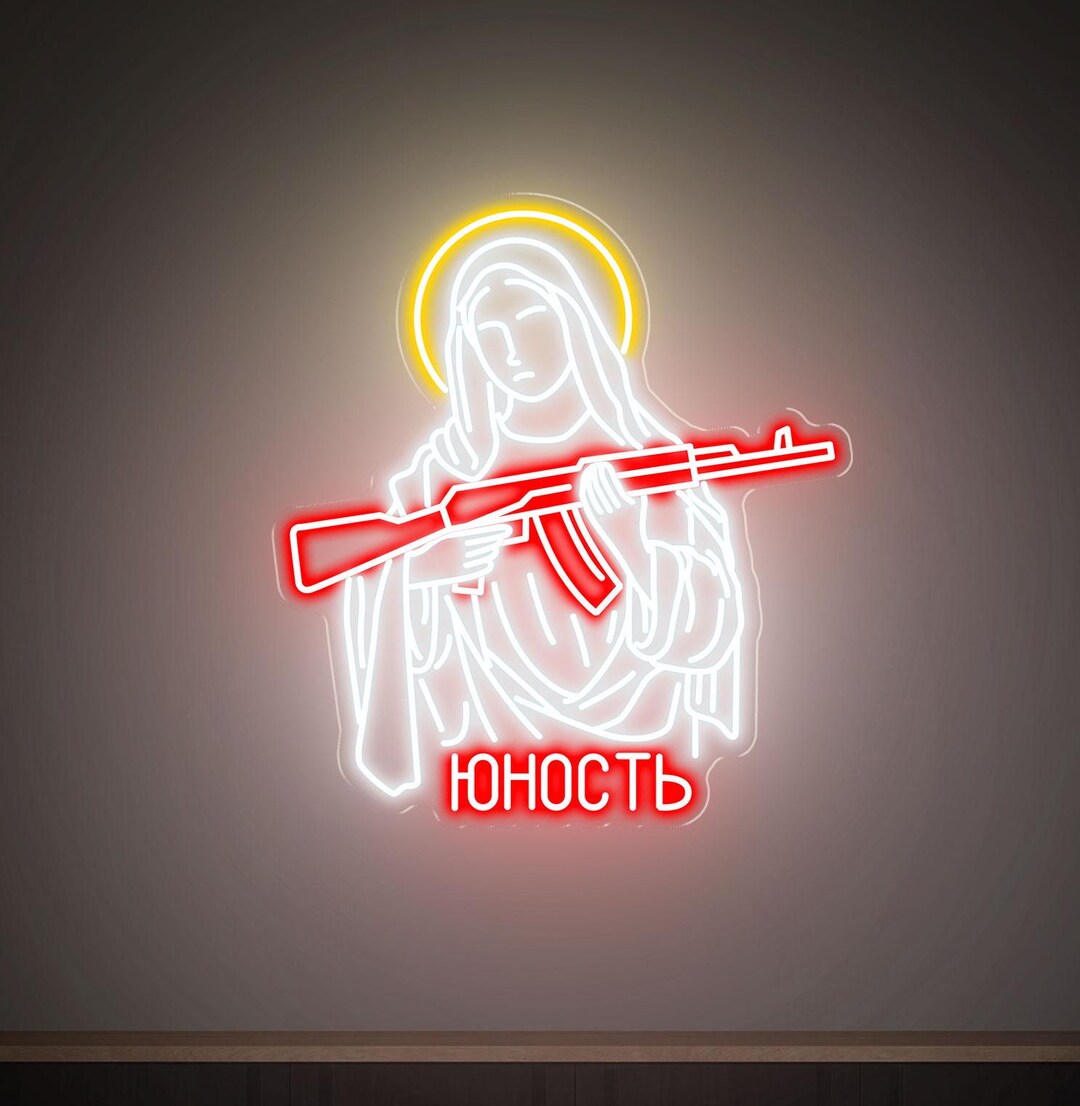 Virgin Mary Holding Gun Neon Sign, AK Gun Neon Sign, Angel Neon Light ...