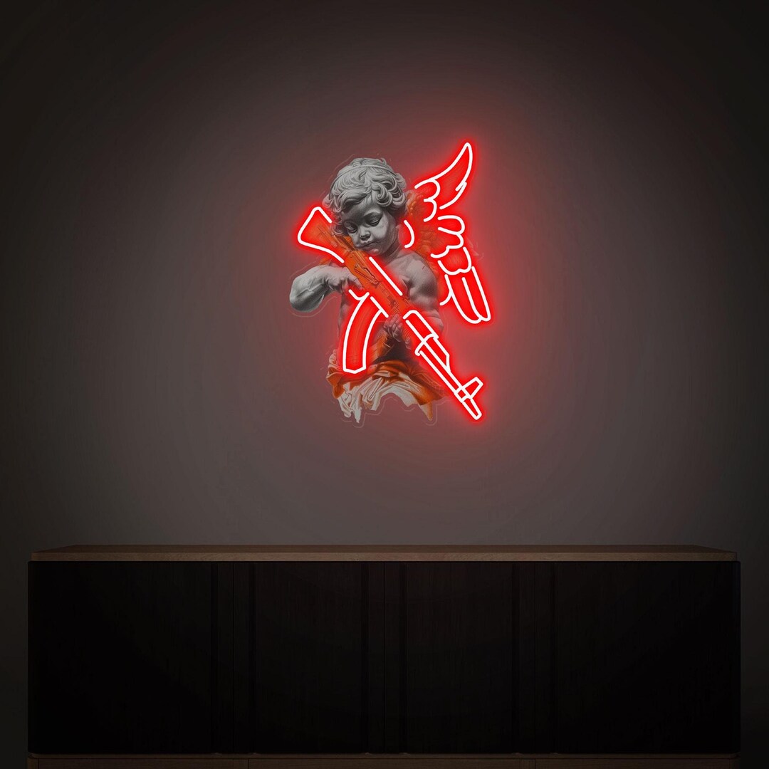 Angel Holding Gun Neon Sign, AK Gun Neon Sign, Angel Neon Light, Angel ...