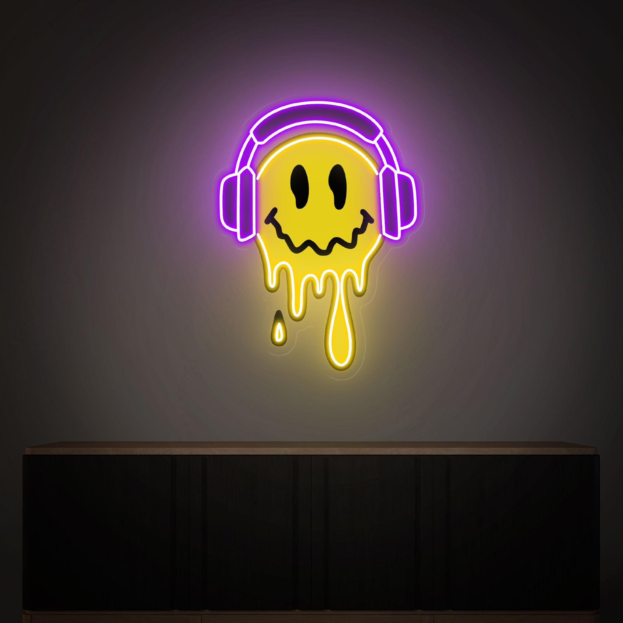 Smile Face Neon Sign, Simel Face With Headphone Neon Light, UV Printing ...