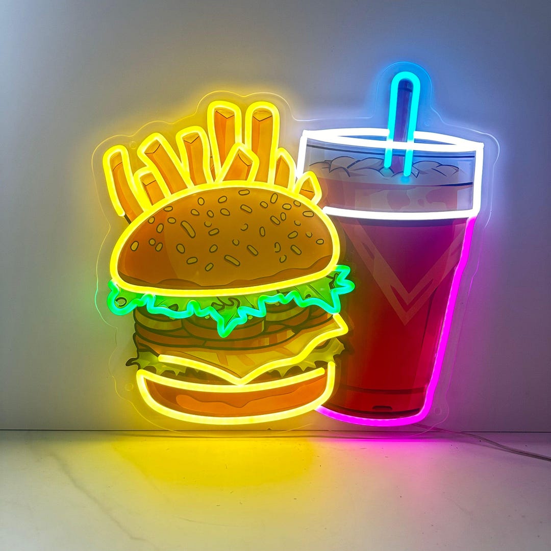 Burgers and Drinks Neon Sign, Hamburger Neon Light, Burgers Decoration ...