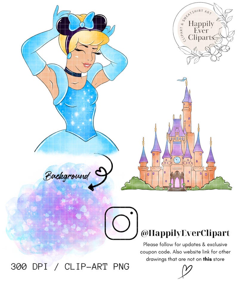 Watercolour Princess Cinderella Clipart / Cute Cinderella 300dpi Digital Download PNG ...