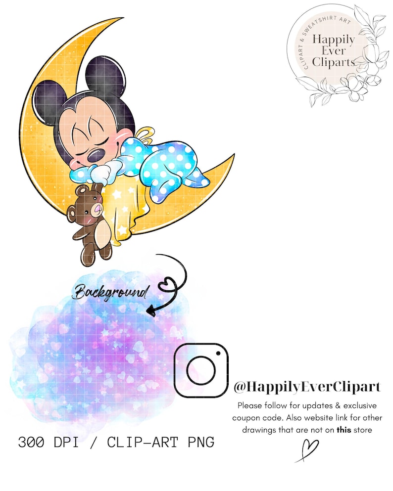 Watercolour Baby Mickey Clipart Set / Cute Mickey Sleepy Nighttime ...