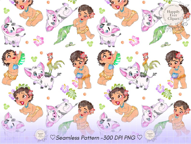 Watercolour Moana Seamless Pattern / Cute Moana Digital Paper PNG 300 ...