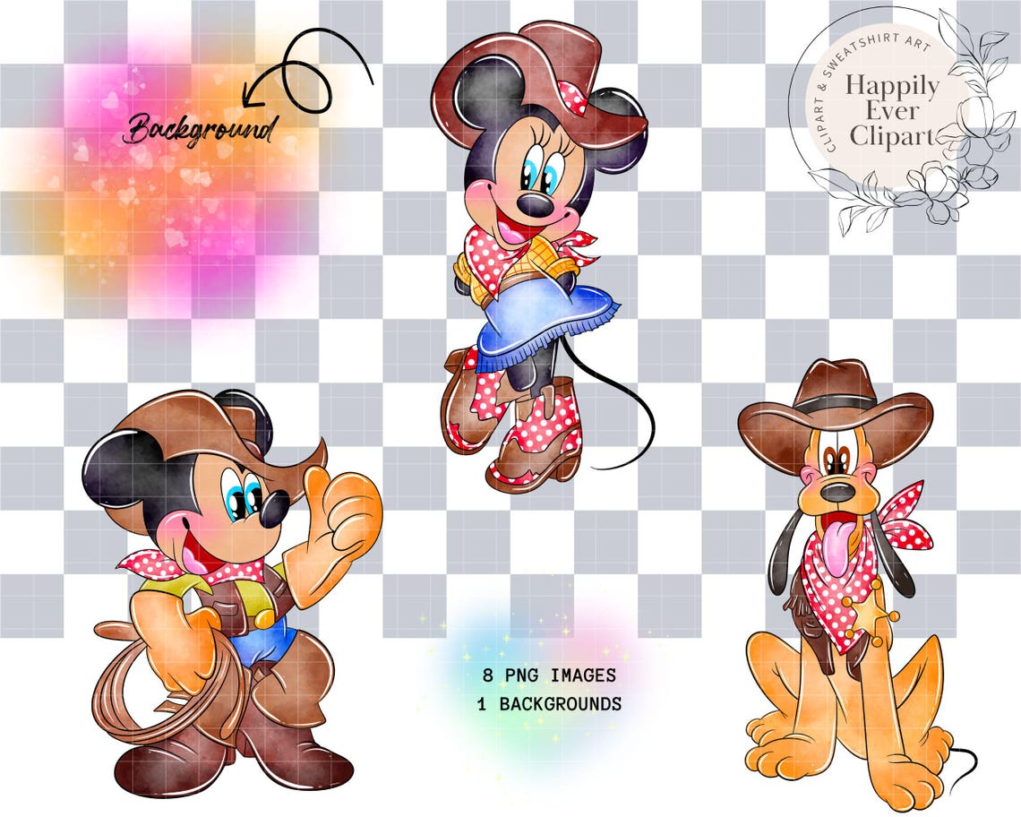 Watercolour Mickey Minnie & Friends Cowgirl Cowboy Clipart Set / Cute ...