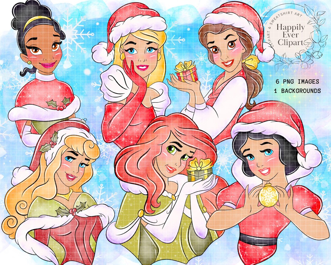 Watercolour Princesses Christmas Clipart Set / Belle Snow White, Tiana ...