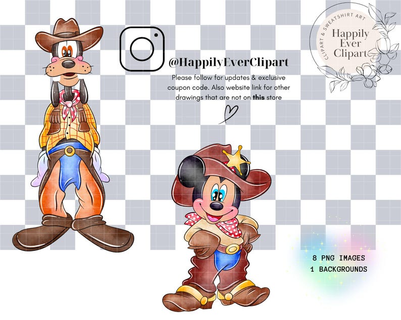 Watercolour Mickey Minnie & Friends Cowgirl Cowboy Clipart Set / Cute ...