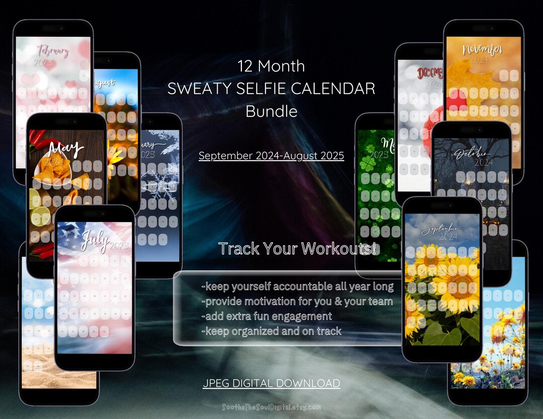 12 Month Sweaty Selfie Calendar Workout Tracker, 12 Month Workout ...
