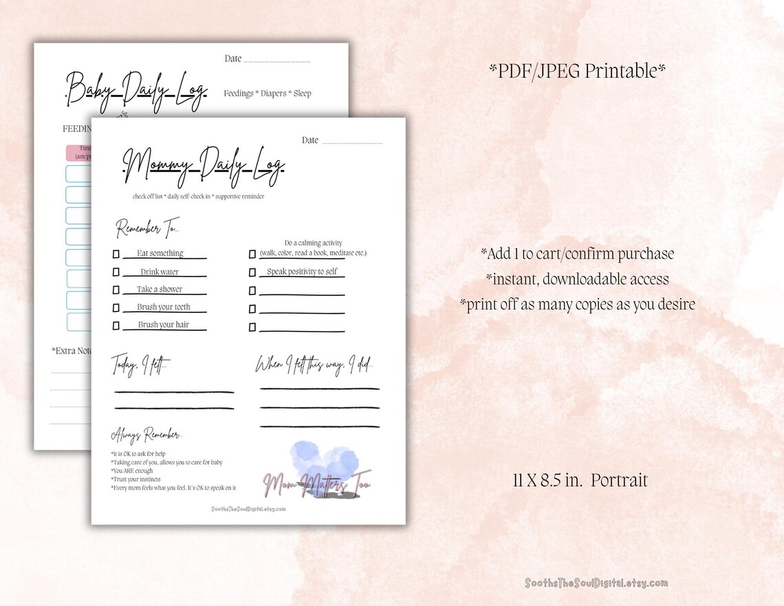 Mommy and Me Daily Log Printable, Baby Log, Newborn Tracker, Printable ...