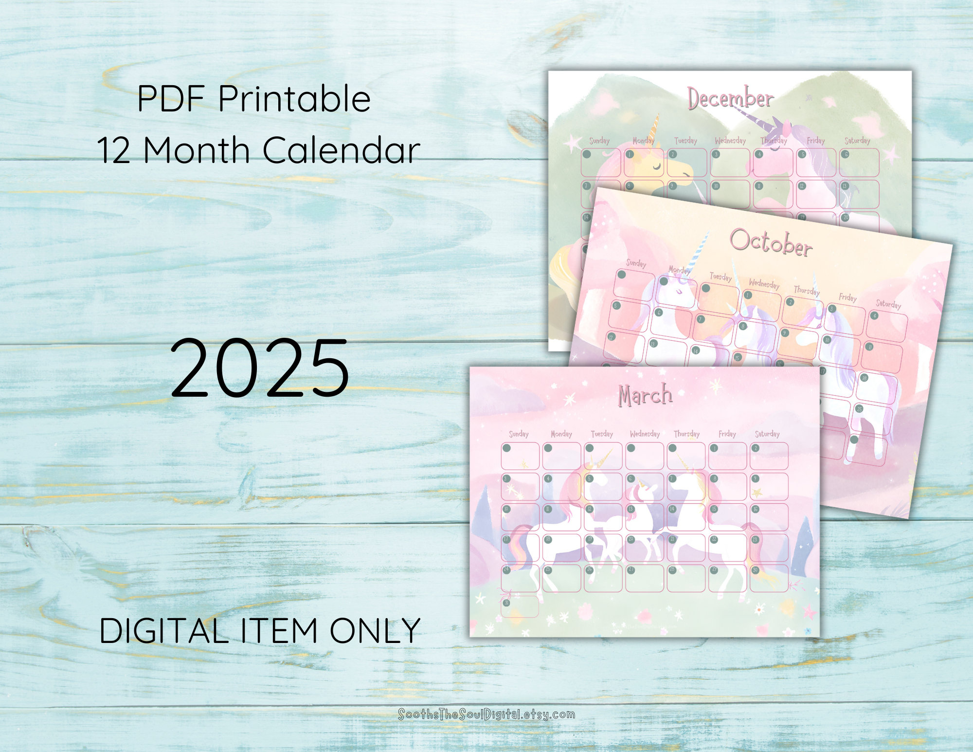 Magical Unicorn Calendar, Printable 12 Month Calendar, 2025 Calendar ...