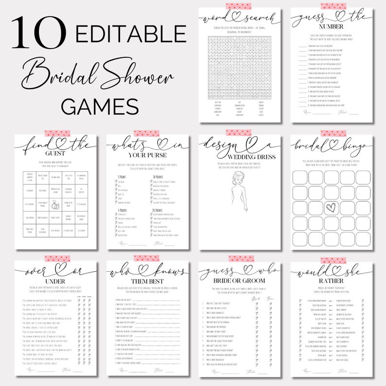 Minimalist Bridal Shower Games Bundle, Printable Editable Bridal Game ...