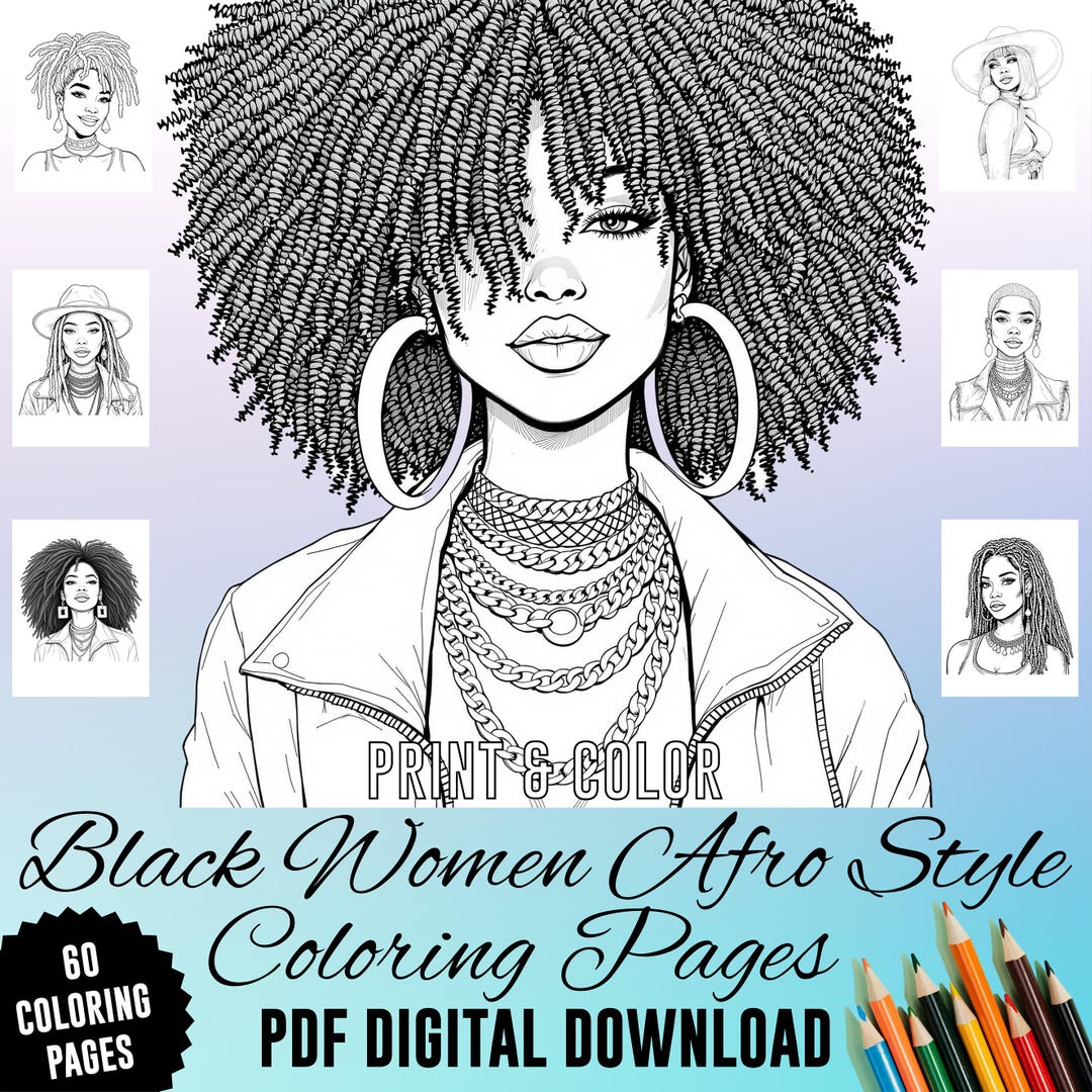 60 Black Women Coloring Pages: Afro Style Art (printable Digital ...