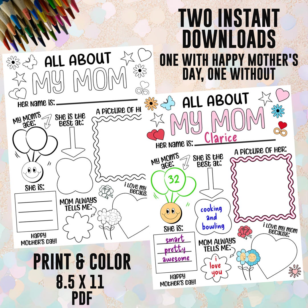 All About My Mom, Mother's Day Coloring Pages - Etsy
