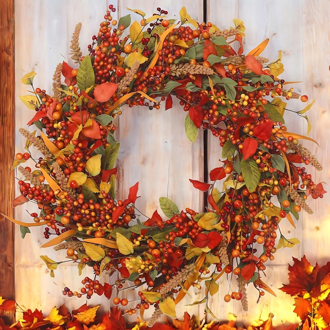 Fall Wreath Autumn Berry Wreath Harvest Eucalyptus Leaves Rustic Front ...
