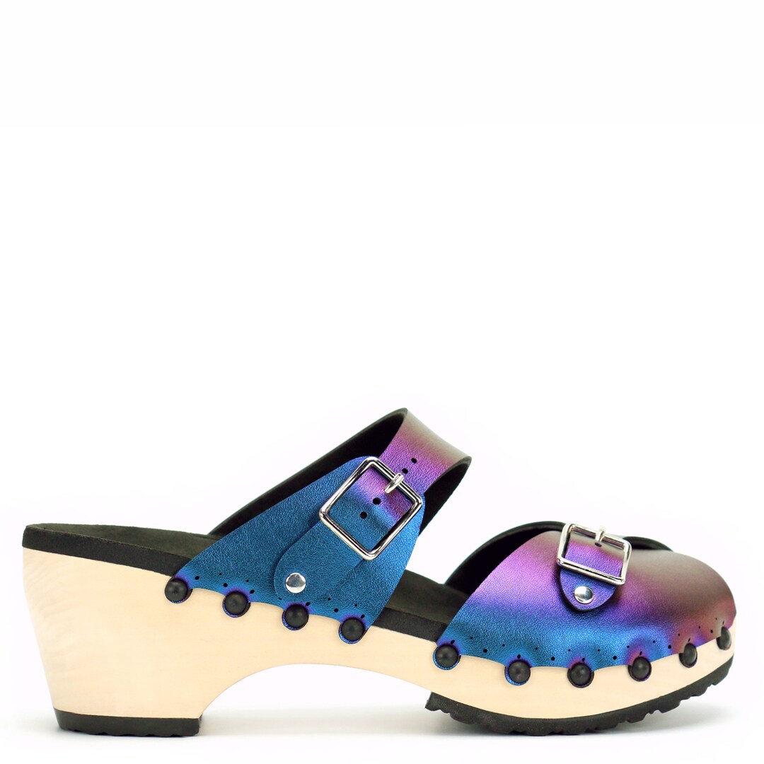 Peacock Peep Toe Clogs, Cobalt Iridescent Mules, Mid Heel Peep Toe ...