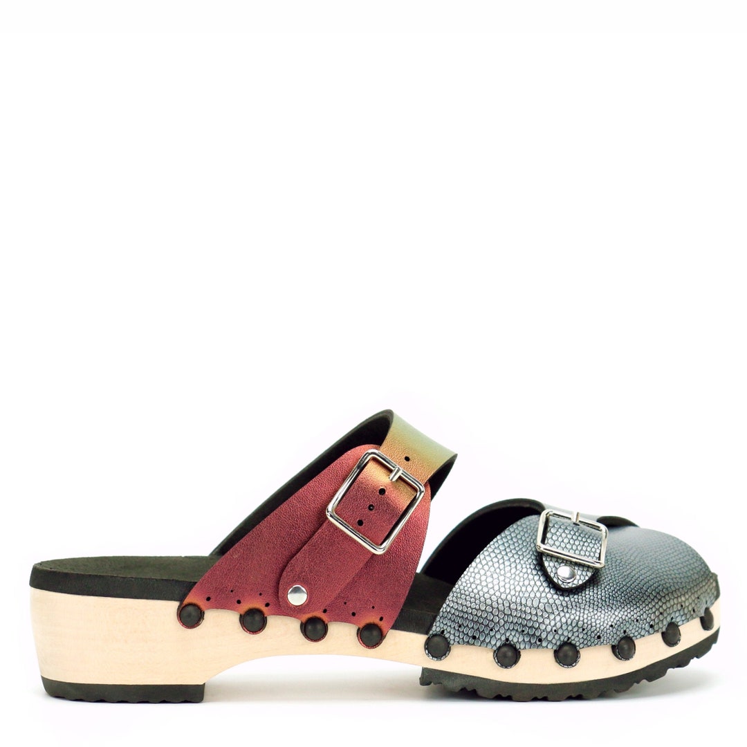 Silver and Red Peep Toe Clogs - Red Iridescent and Pewter Peep Toe ...