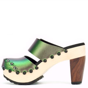 Emerald High Heel Clogs, Green Iridescent Clogs, Vegan Leather Mules ...