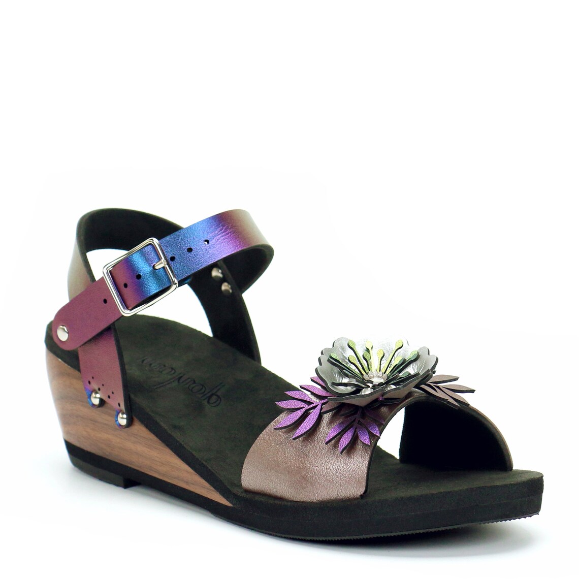 Mid Wedge Flower Toe Ankle in Rose and Peacock - Vegan Sandals - Made ...