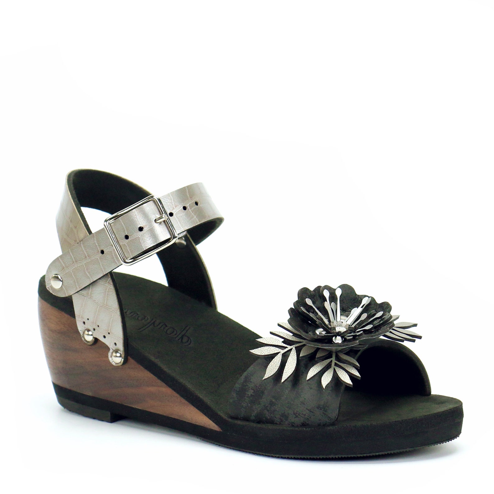 Mid Wedge Flower Toe Ankle in Midnight and Croc - Vegan Sandals - Made ...