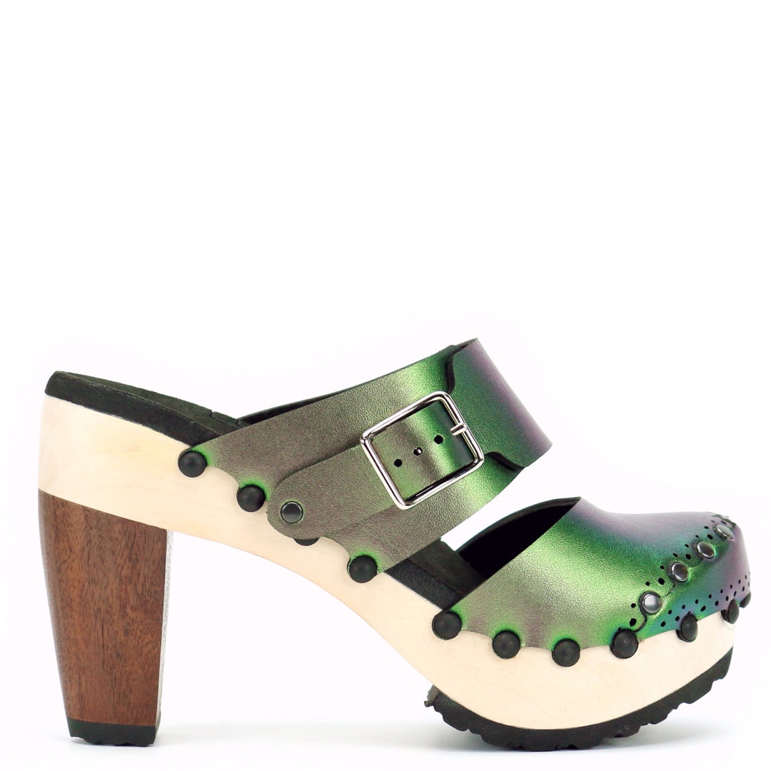 Emerald High Heel Clogs, Green Iridescent Clogs, Vegan Leather Mules ...