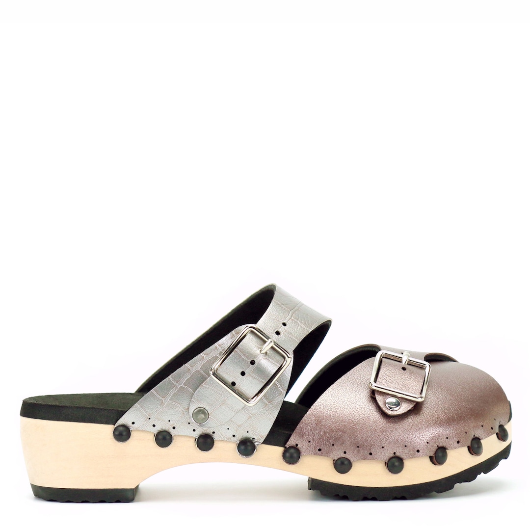 Rose Gold and Silver Peep Toe Clogs - Red Gold and Silver Crocodile ...