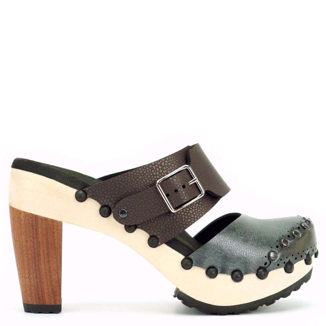 Slate Espresso High Heel Clogs, High Heel Mules, Vegan Leather Mules ...