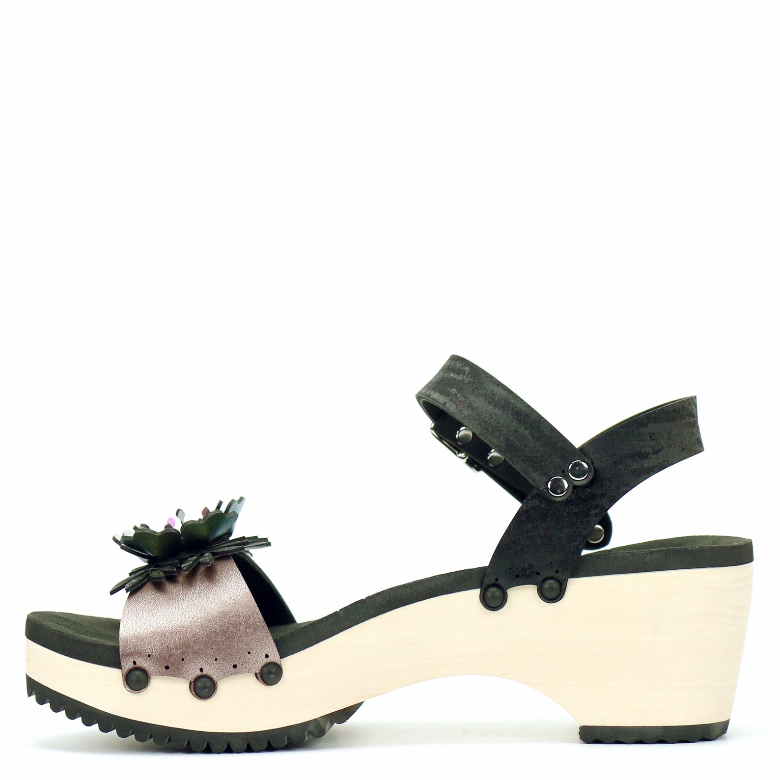 Black Mid Ankle Clog Sandals, Black Ankle Strap With Flower Toe, Vegan ...