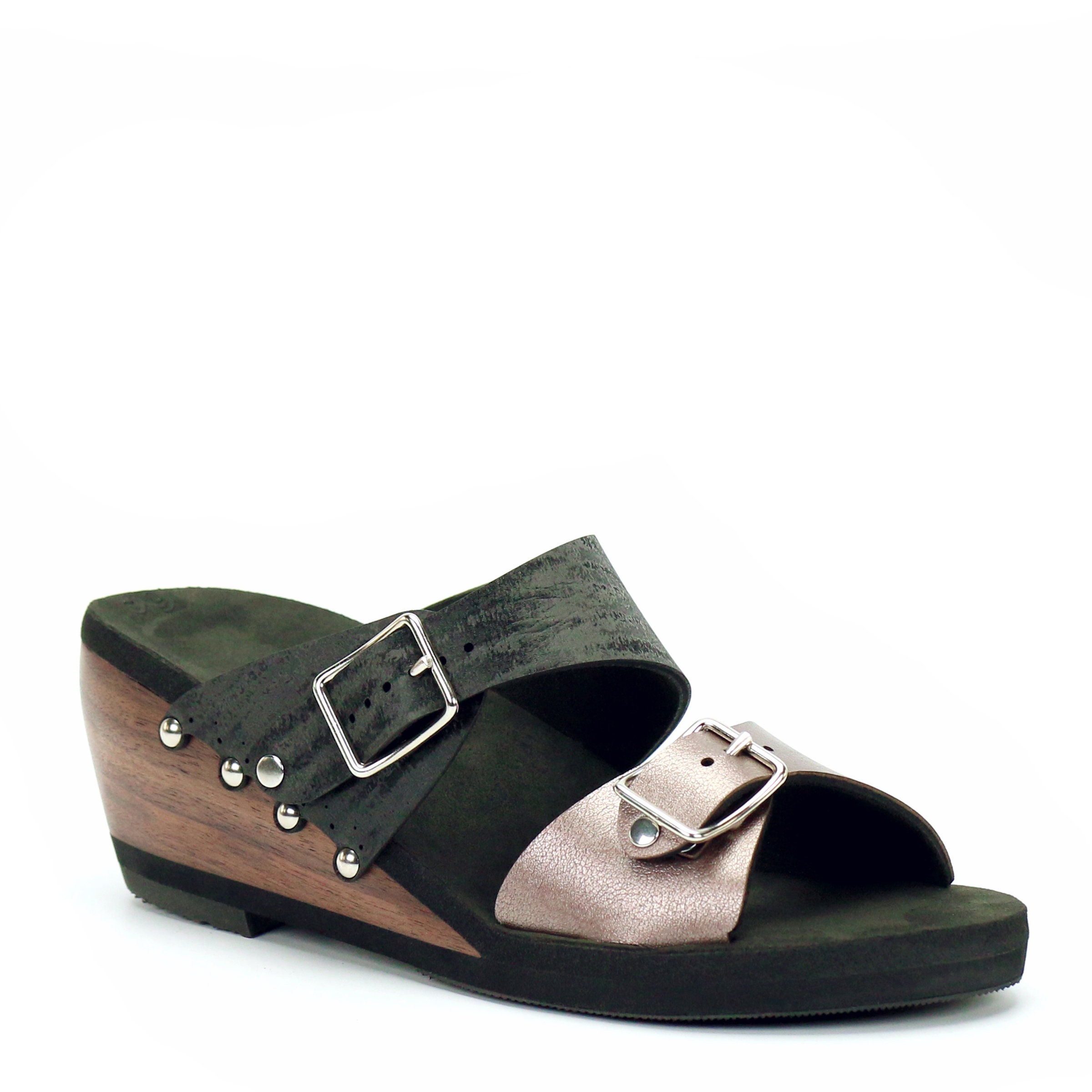 Mid Wedge Buckle Toe Mule in Rose and Midnight - Vegan Sandals - Made ...