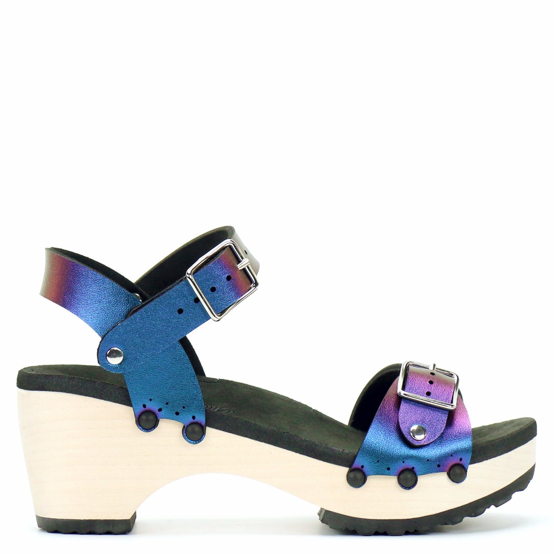 Peacock Mid Ankle Clog Sandal, Blue Iridescent Ankle Strap and Buckle ...