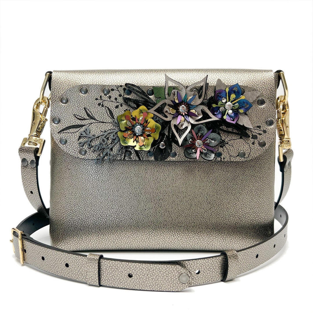 Gold Shagreen Square Flower Bag | 3D Floral Designer Handbag | Gold ...