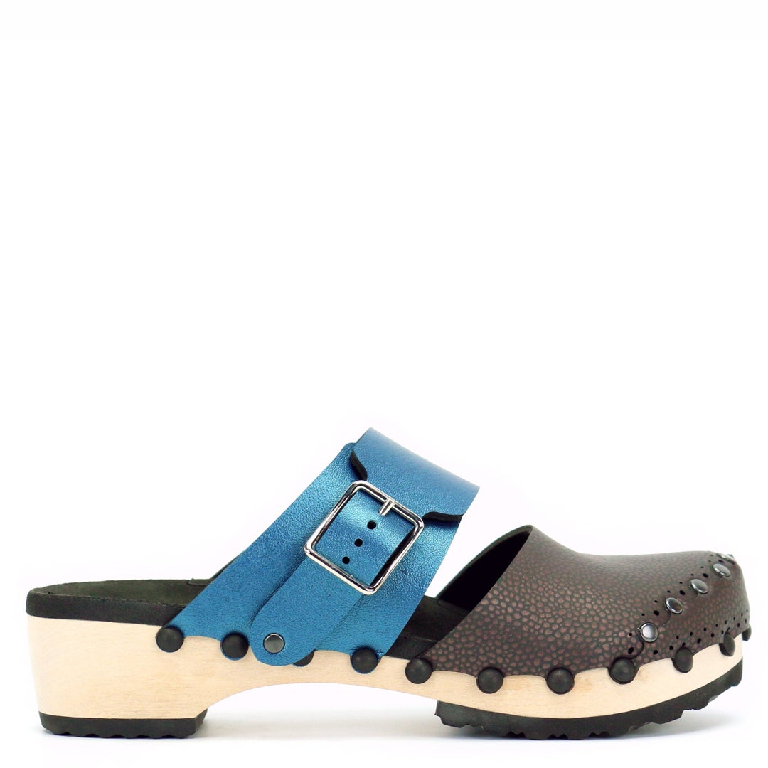 Brown and Blue Low Clog Closed Toe Mule - Espresso and Azure Mule Clog ...