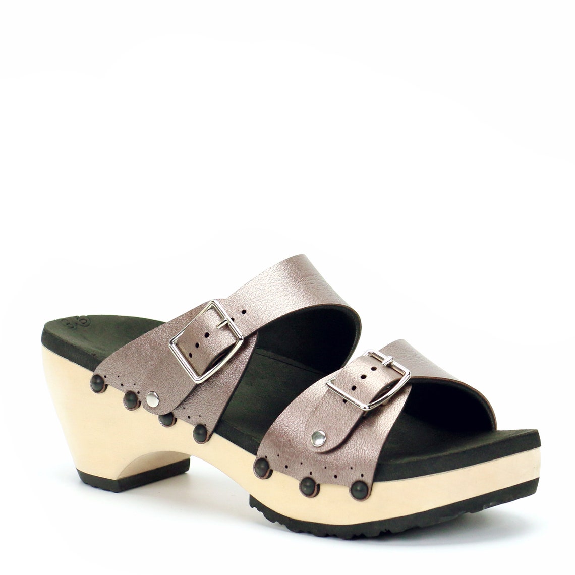 Rose Gold Mid Clog With Buckle Toe and Mule Strap, Vegan Leather Mule ...