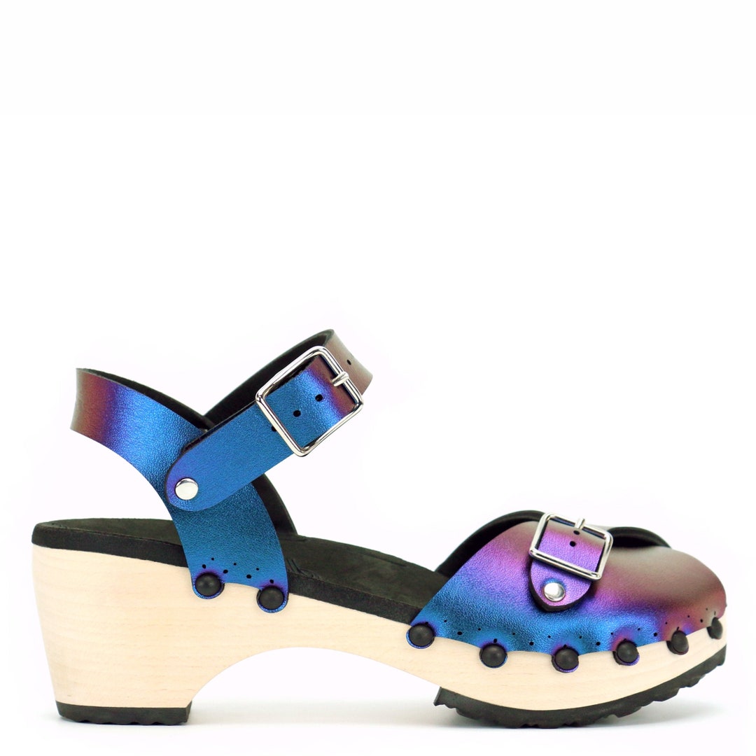 Peacock Peep Toe Clogs, Cobalt Iridescent Ankle Clogs, Mid Heel Peep ...