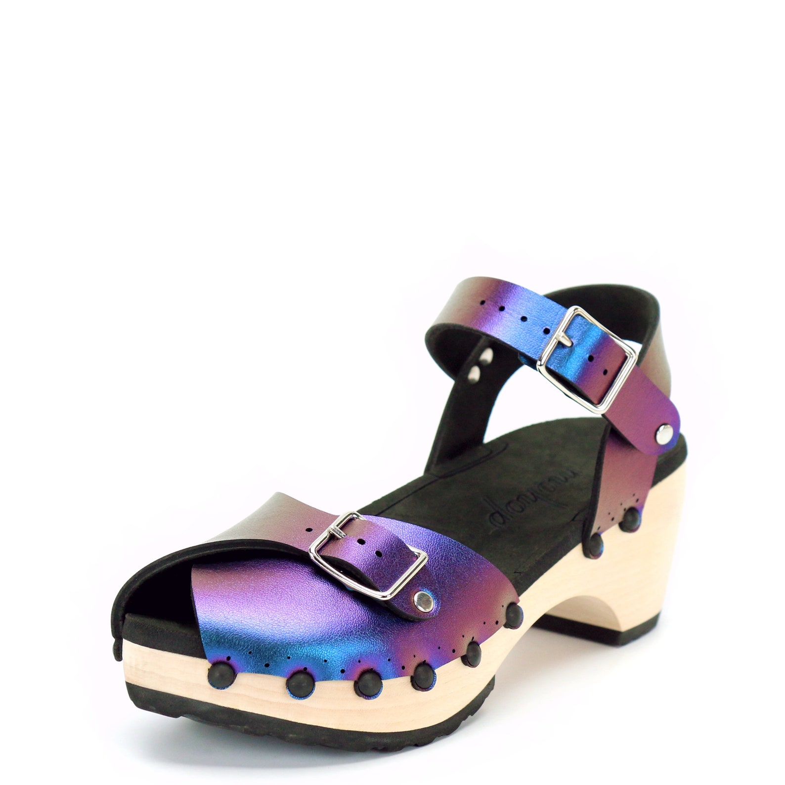 Peacock Peep Toe Clogs, Cobalt Iridescent Ankle Clogs, Mid Heel Peep ...