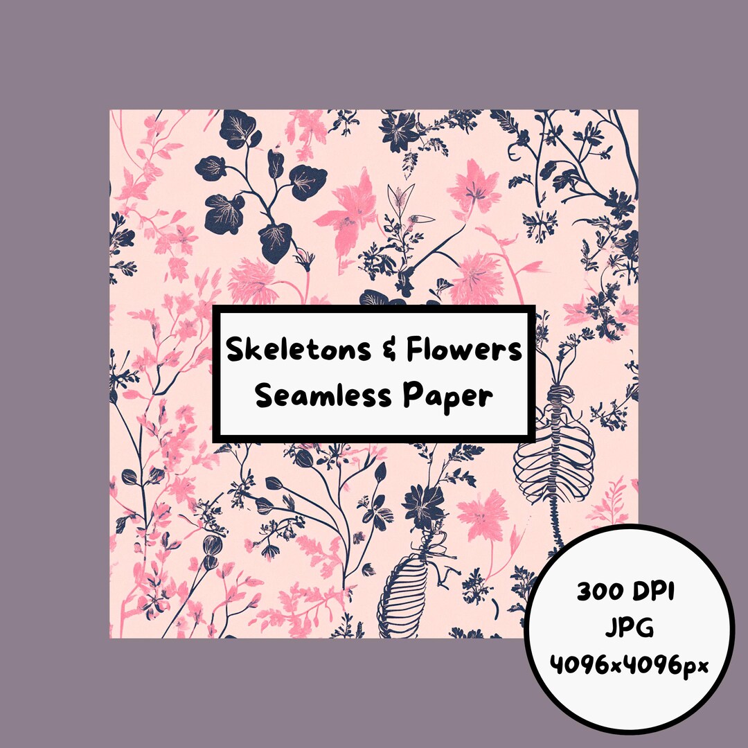 Printable Skeletons and Flowers Digital Seamless Paper. Pink Spooky ...
