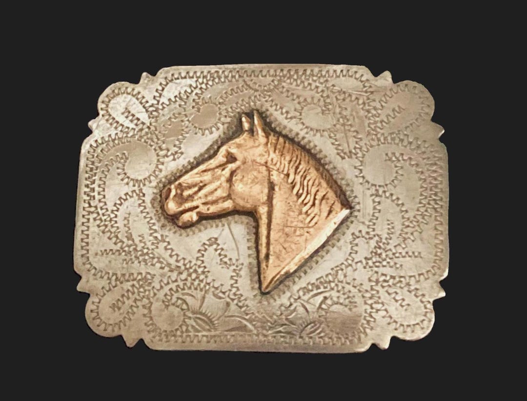 Vintage 1940s Horse Belt Buckle Copper & Engraved Silver Nickle Signed ...