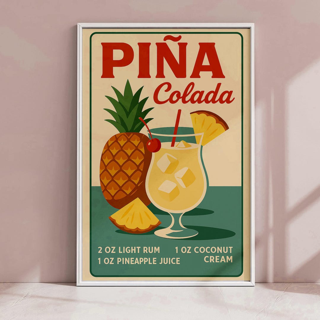 Piña Colada Cocktail Poster | Digital Tropical Drink Recipe Print ...